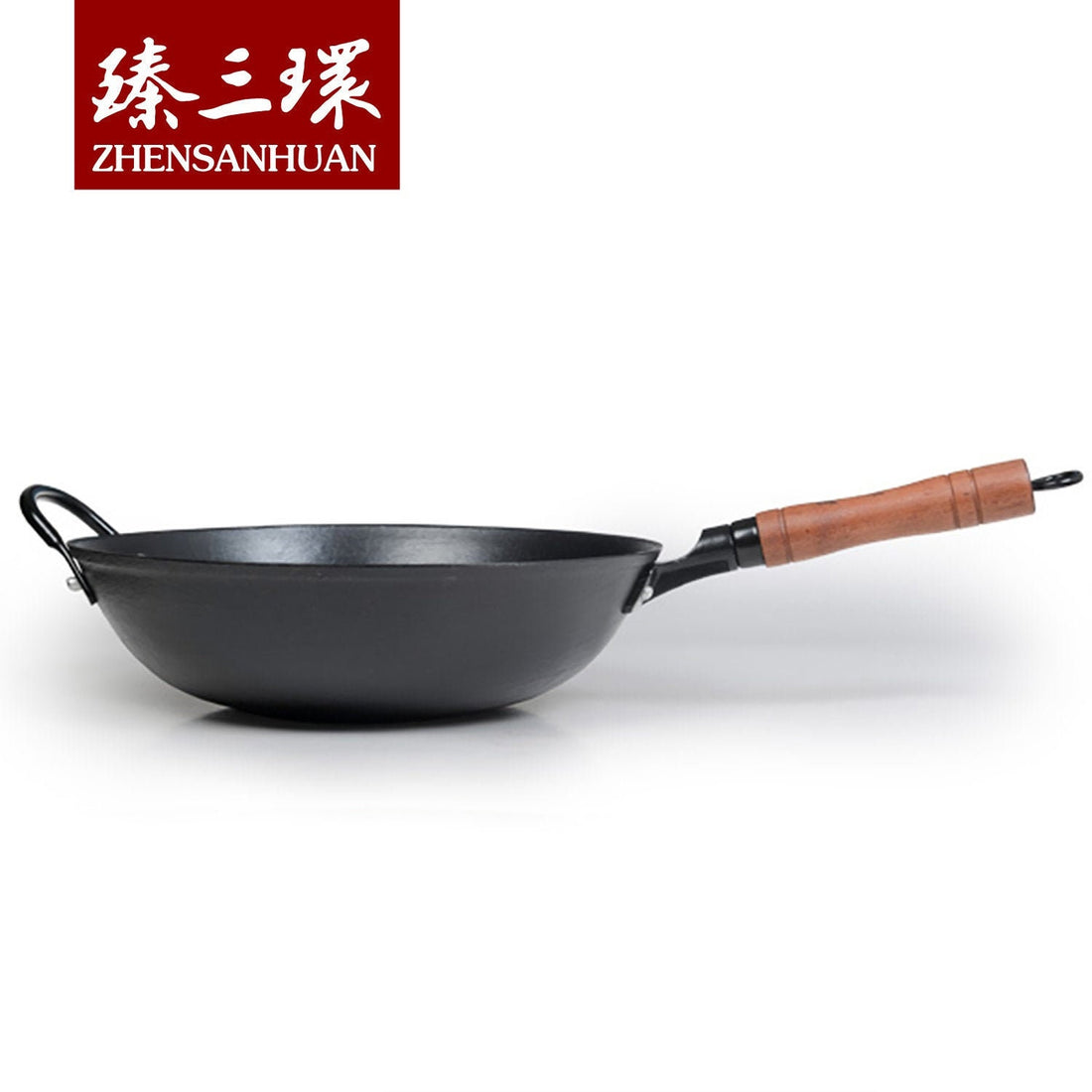 ZhenSanHuan Handmade Wook Handle Flat Bottom Cast Iron Wok With Helper ...